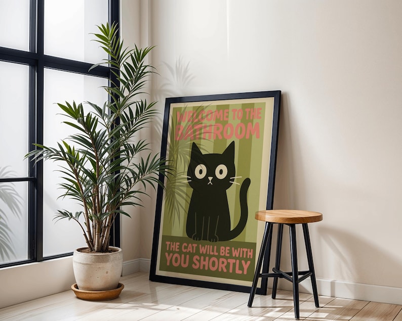 Funny Cat Bathroom Sign, Cat Peeking Wall Art, Welcome to the Bathroom ...