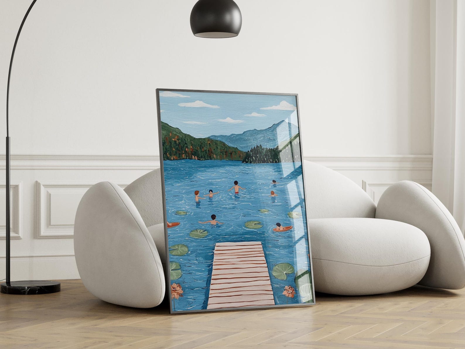 Tiny People Swimming in Lake Digital Print Summer Lake People Print ...