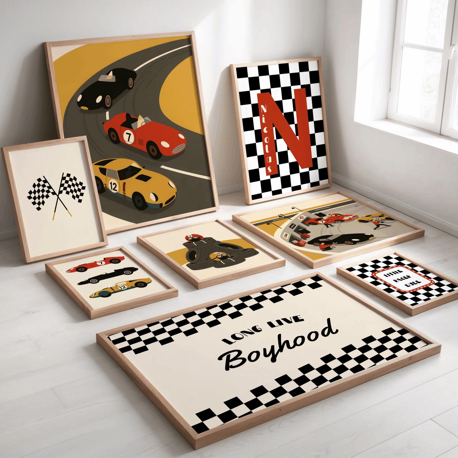 Set of 8 Personalised Race Car Prints, Vehicle Prints, Boys Bedroom ...