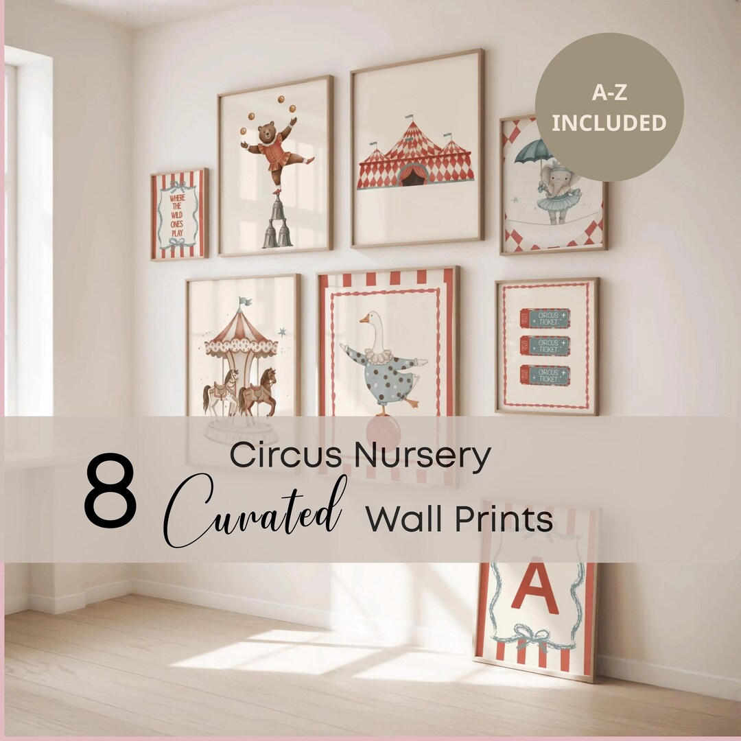 Vintage Circus Nursery Prints Set of 7: A-Z Initial, Whimsical Circus ...