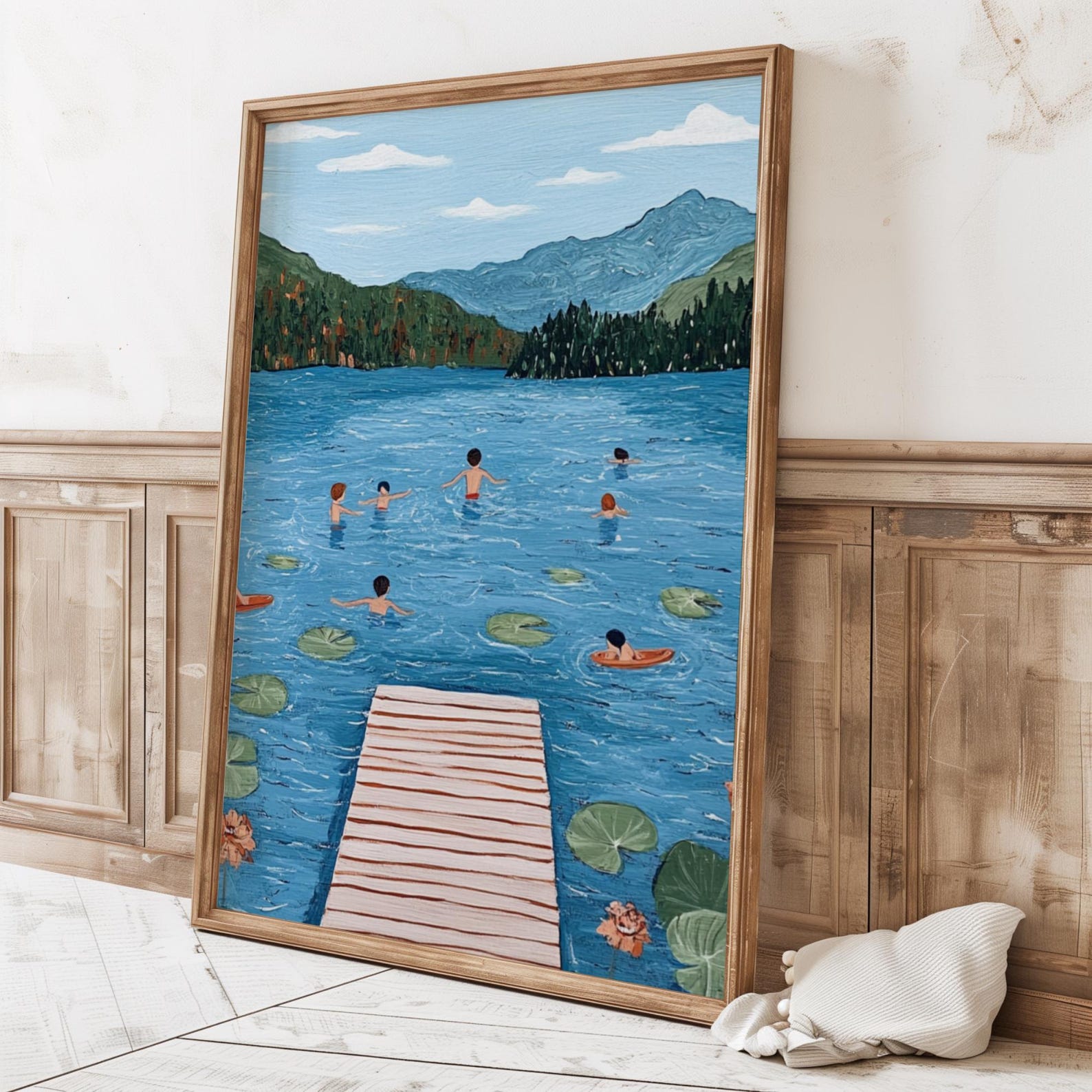 Tiny People Swimming in Lake Digital Print Summer Lake People Print ...