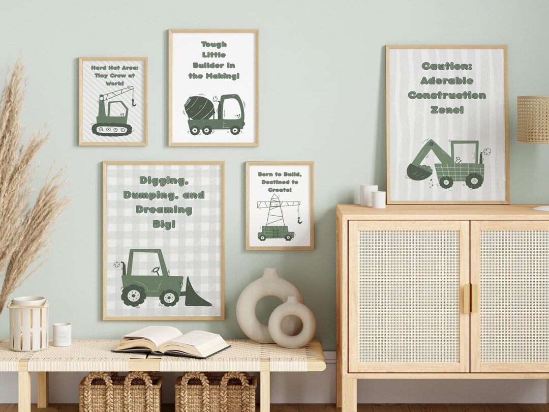 Sage Green Construction Vehicles Set of 5 Prints, Construction Vehicles ...