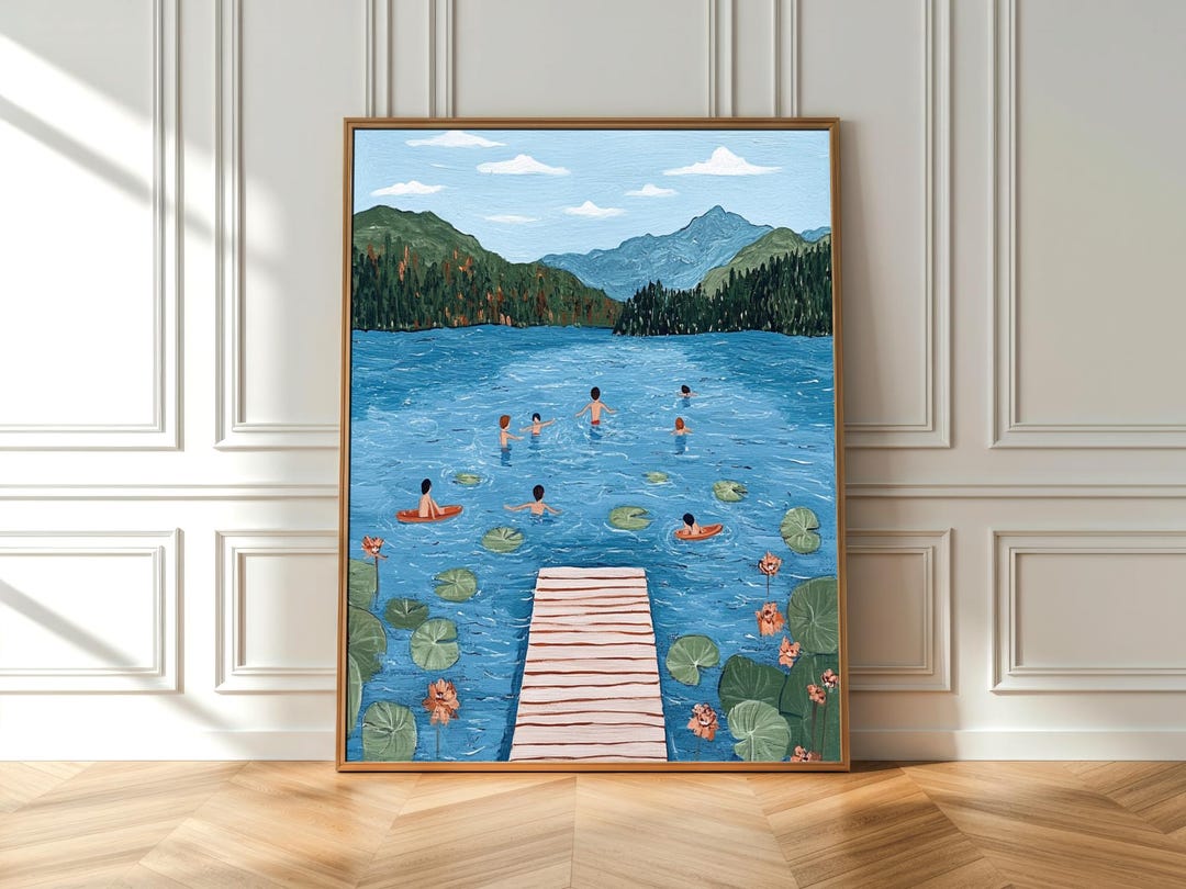 Tiny People Swimming in Lake Digital Print Summer Lake People Print ...
