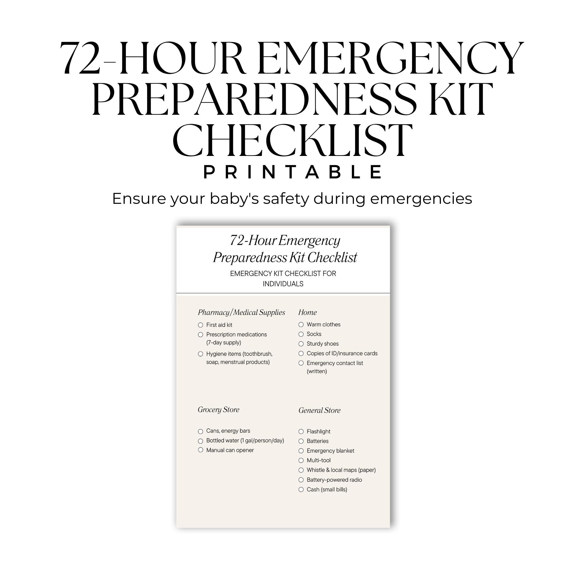 Emergency Kit Checklist Printable, 72 Hour Prepper PDF for Adults, Bug ...