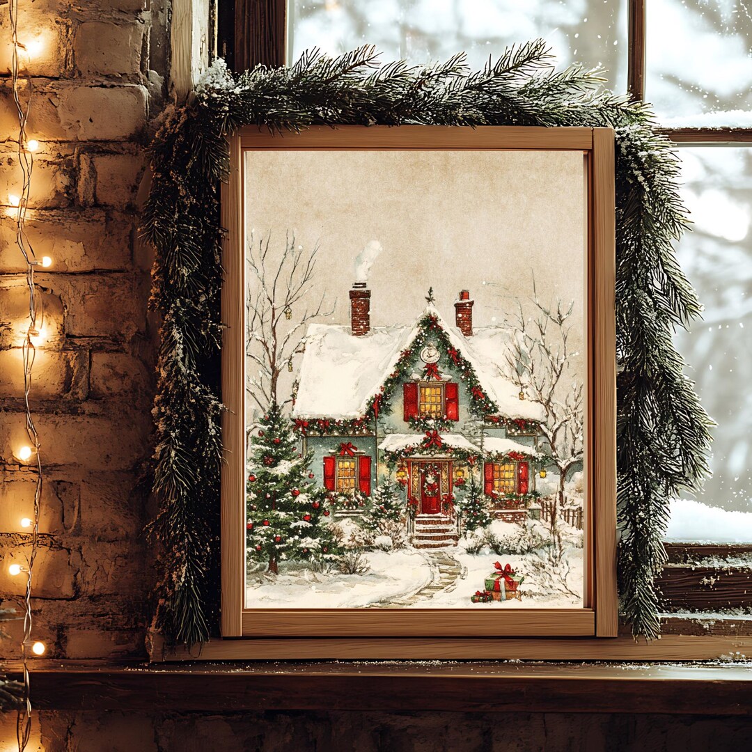 Watercolor Vintage Christmas House Print, Snowy Winter Landscape Art ...