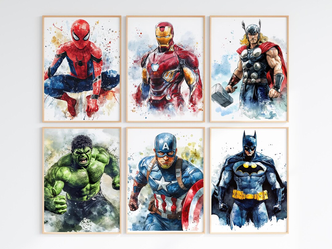 Superhero Set of 6 Poster Watercolor Gift Printable Art Gallery ...