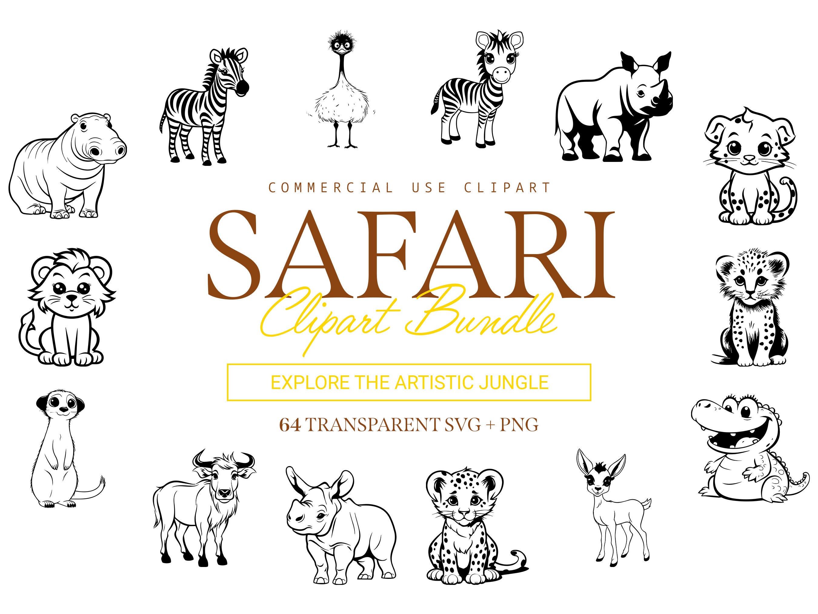 Cute and Adorable Safari Clipart Bundle - 64 Designs | SVG & PNG | High ...