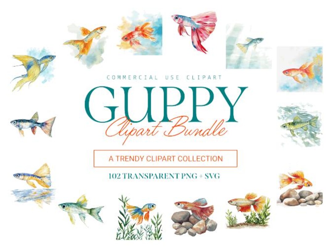 Guppy Clipart Bundle, 102 Designs, SVG and PNG, Aquarium and Digital ...