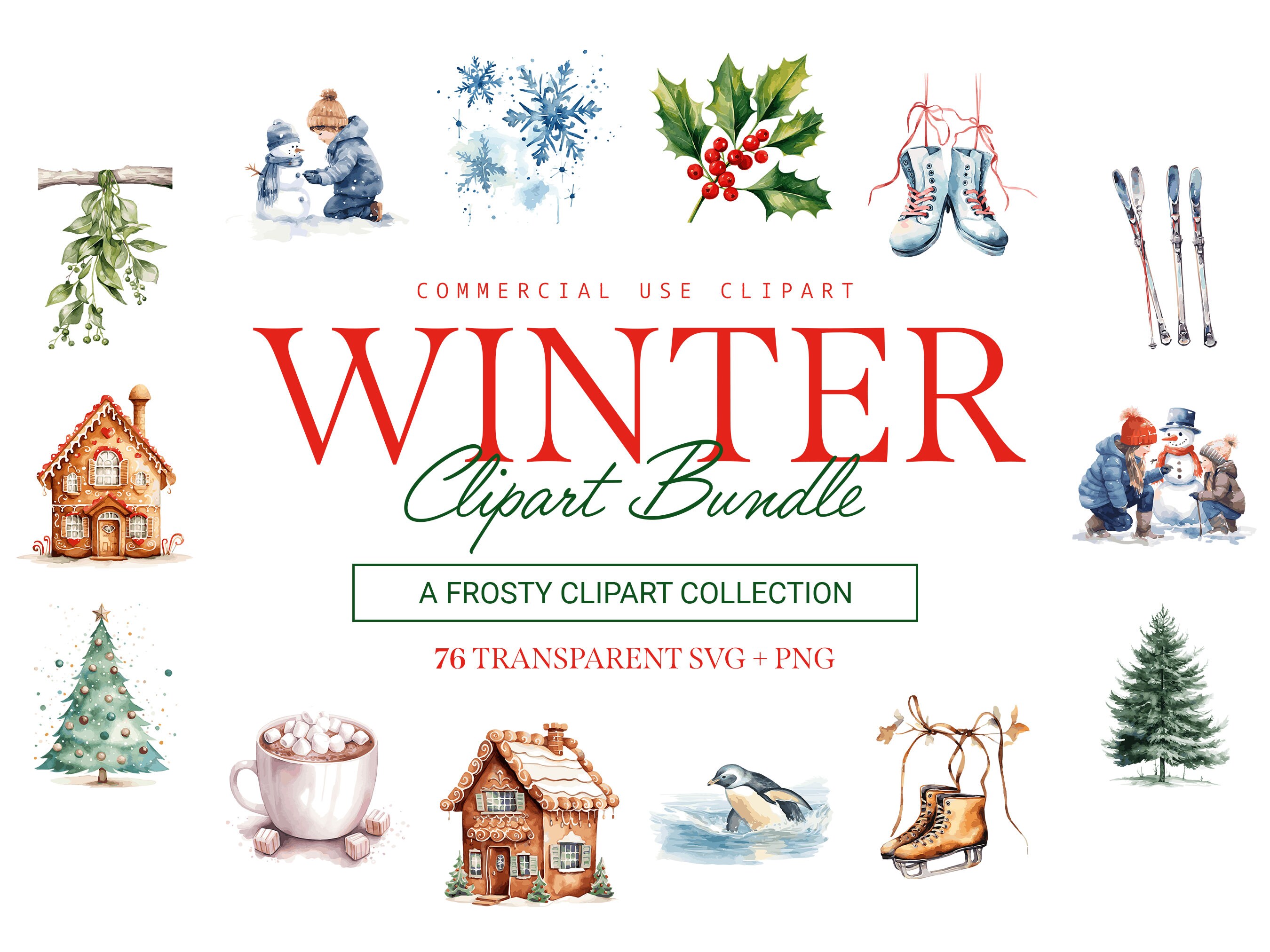 Winter Clipart Bundle 76 Designs SVG & PNG High Resolution Seasonal ...