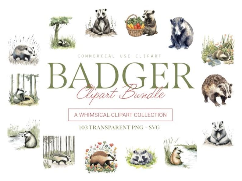 Badger Clipart Bundle, 103 Designs, SVG and PNG, Cute and Adorable ...