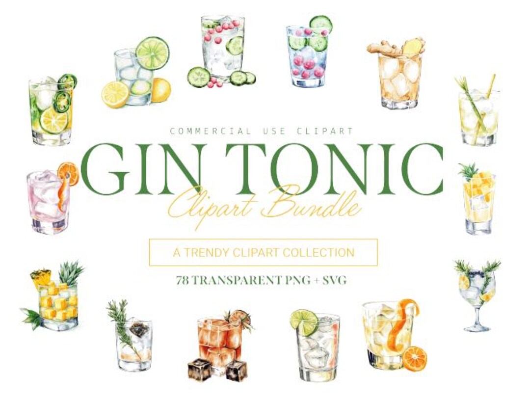 Gin Tonic Clipart Bundle, 78 Designs, SVG and PNG, Cocktail and ...