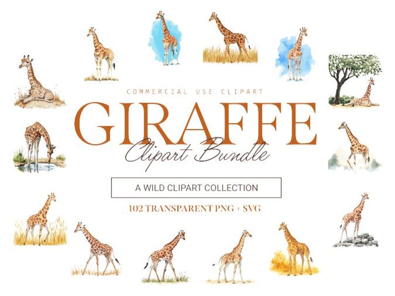Giraffe Clipart Bundle, 102 Designs, SVG and PNG, Wildlife and Safari ...