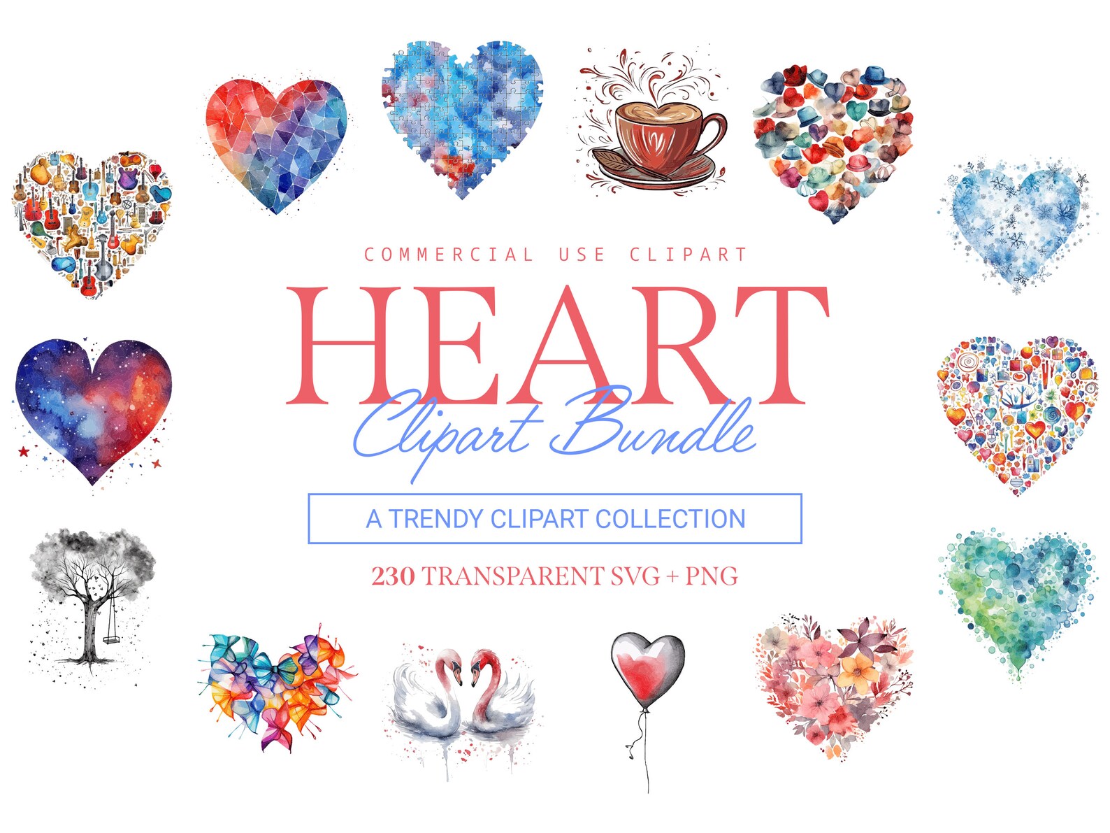 Heart Clipart Bundle - 230 Designs | SVG & PNG | High Resolution ...