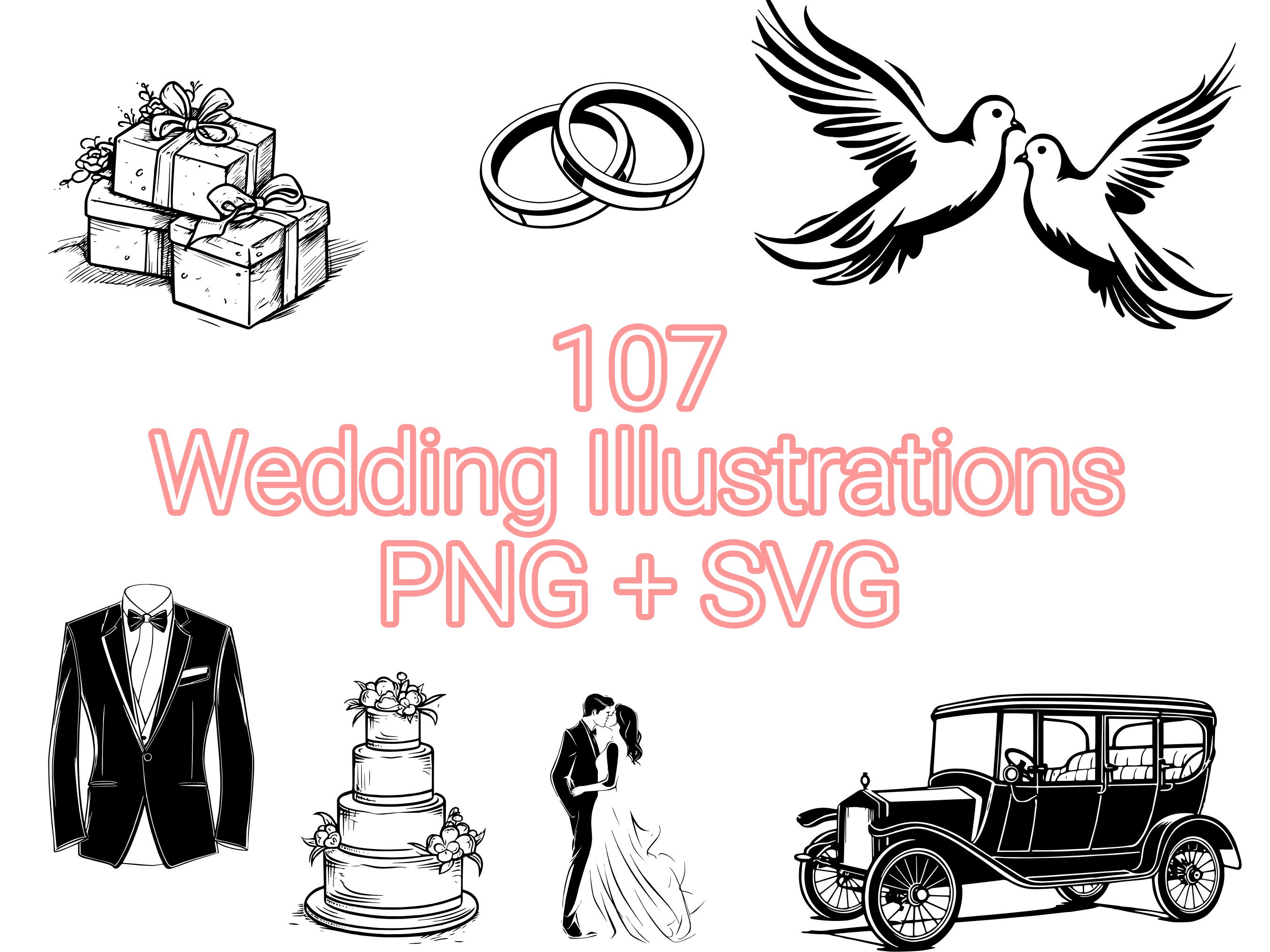 Wedding SVG Bundle 107 Designs SVG and PNG High Resolution Romantic ...