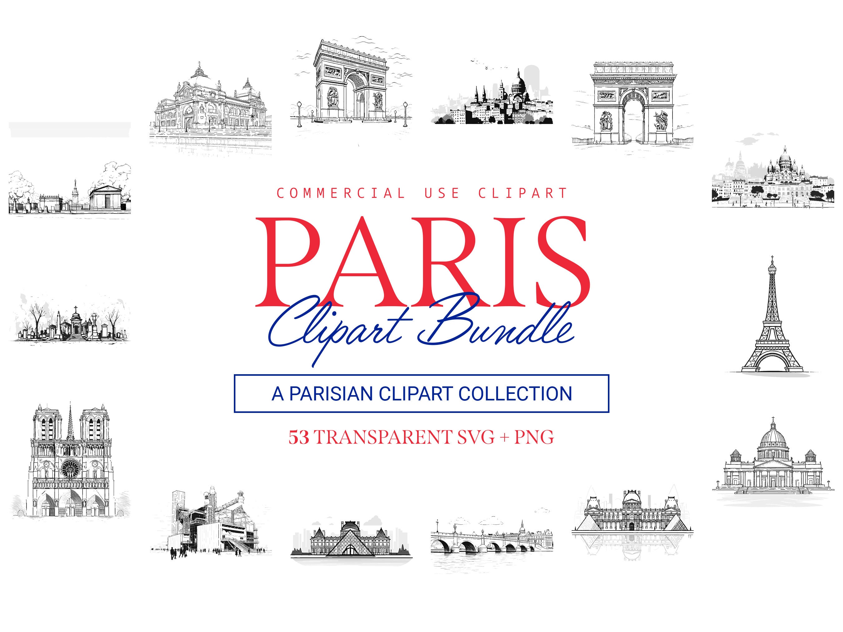 Paris Clipart Bundle 53 Designs SVG & PNG High Resolution Romantic and ...