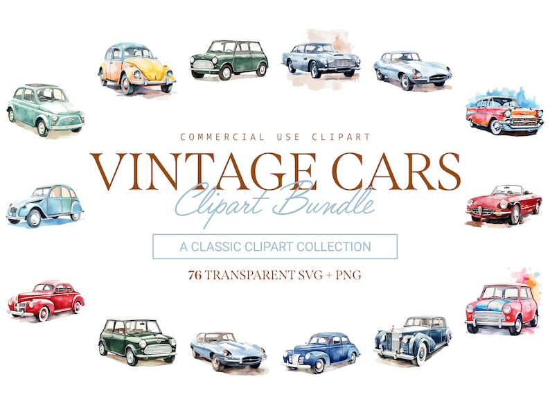 Vintage Cars Clipart Bundle: 76 Classic Automobile Illustrations (SVG ...