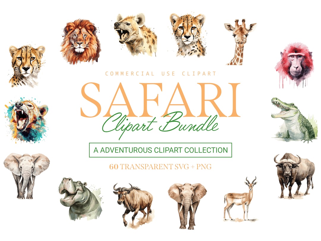 Safari Animal Clipart Bundle: 60 African Wildlife Designs (SVG & PNG ...