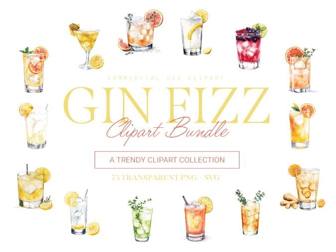 Gin Fizz Clipart Bundle, 75 Designs, SVG and PNG, Cocktail and Beverage ...