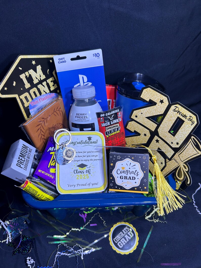 Boy Graduation Gift Basket With Gaming Gift Card, Chocolates and Snacks ...