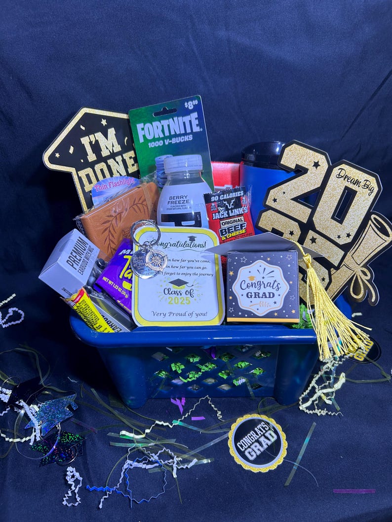 Boy Graduation Gift Basket With Gaming Gift Card, Chocolates and Snacks ...