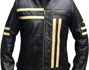 Mens Cruise Cafe Racer Stripe Biker Leather Jacket Handmade - Etsy