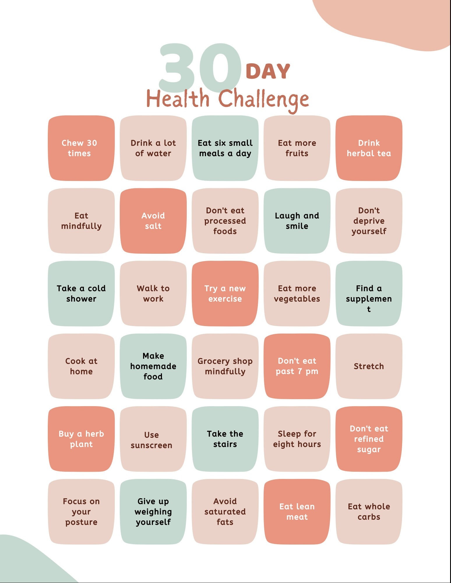 30 Day Health Challenge *instant Download* - Etsy