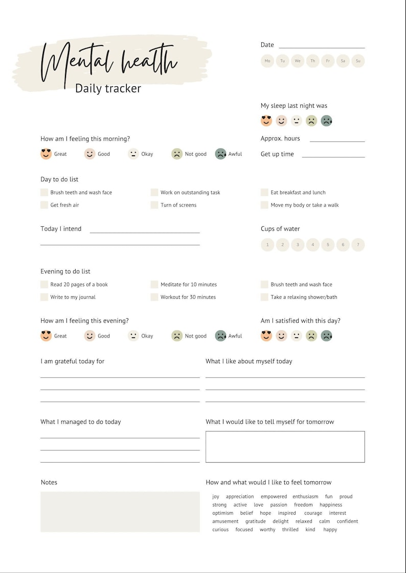 Mental Health Daily Tracker *instant Download* - Etsy