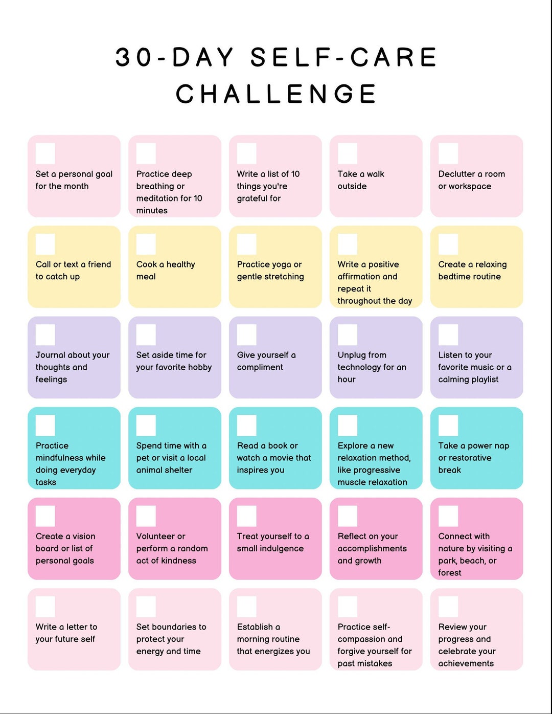 30 Day Self Care Challenge *instant Download* - Etsy