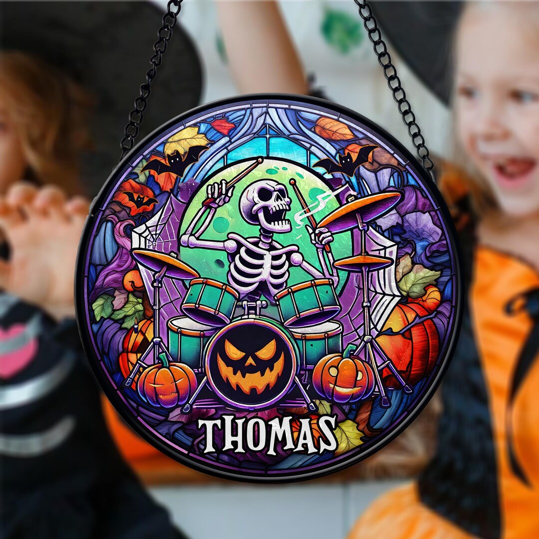 Stained Glass Skeleton Drummer Window Hanging - Halloween Decor - Etsy