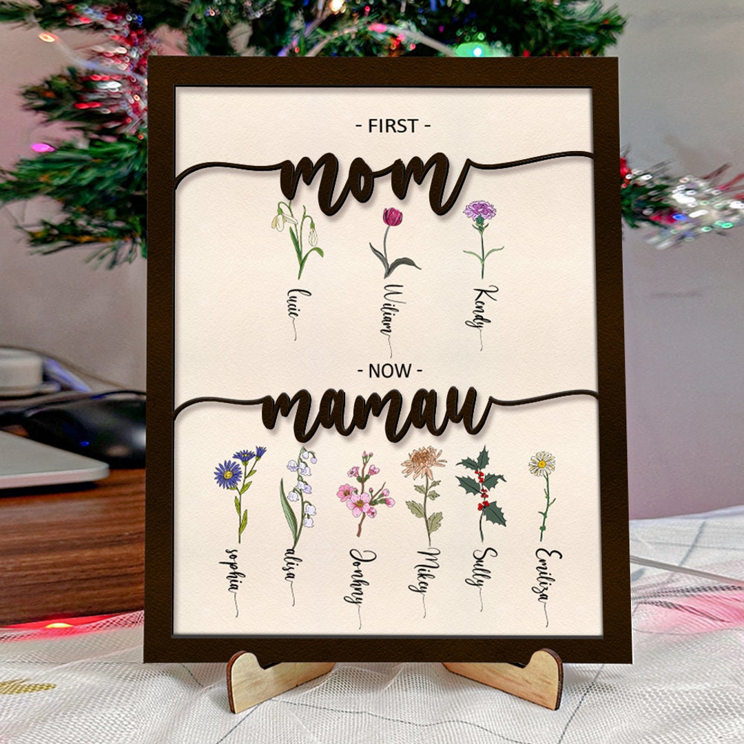 Personalized Birth Month Flower Wooden Plaque, First Mom Now Mamaw Sign ...