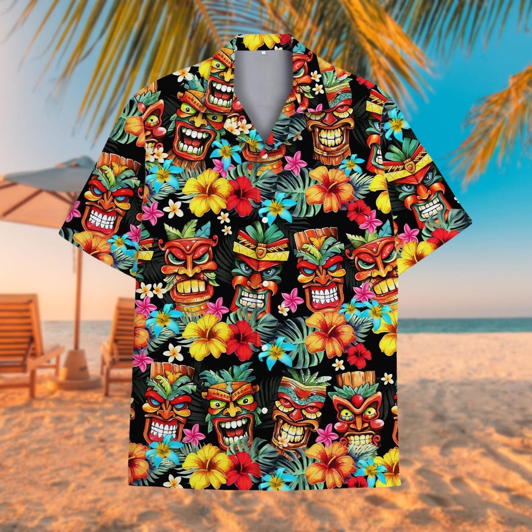 Tropical Tiki Hawaiian Shirt, Summer Tiki Aloha Shirt, Lightweight ...