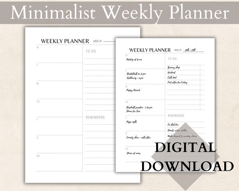 Minimalist Weekly Planner Printable Calendar Essential Weekly - Etsy