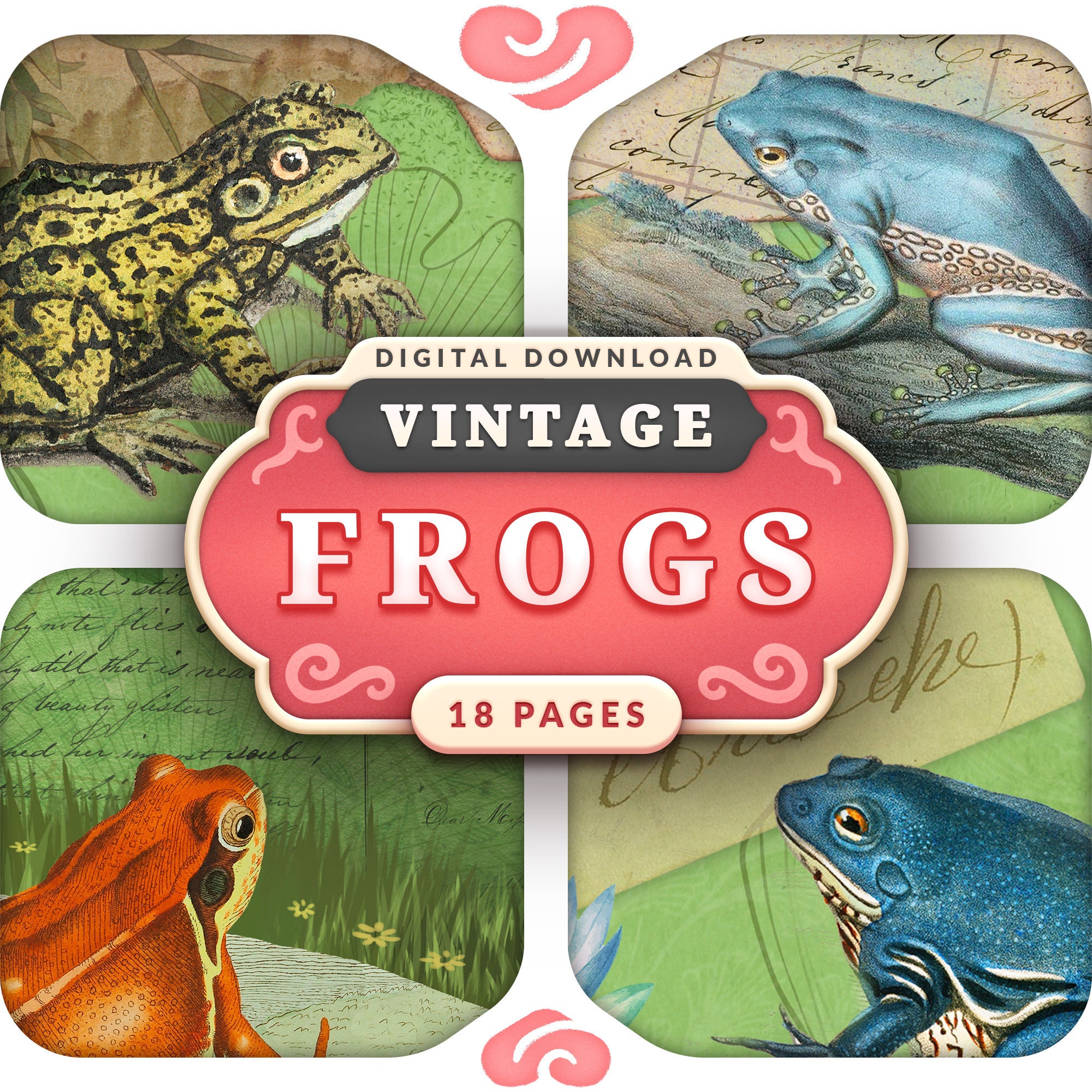 Printable Vintage Frogs Scrapbook Kit: Digital Download, Cute Frogs, Animals, Vintage Ephemera ...