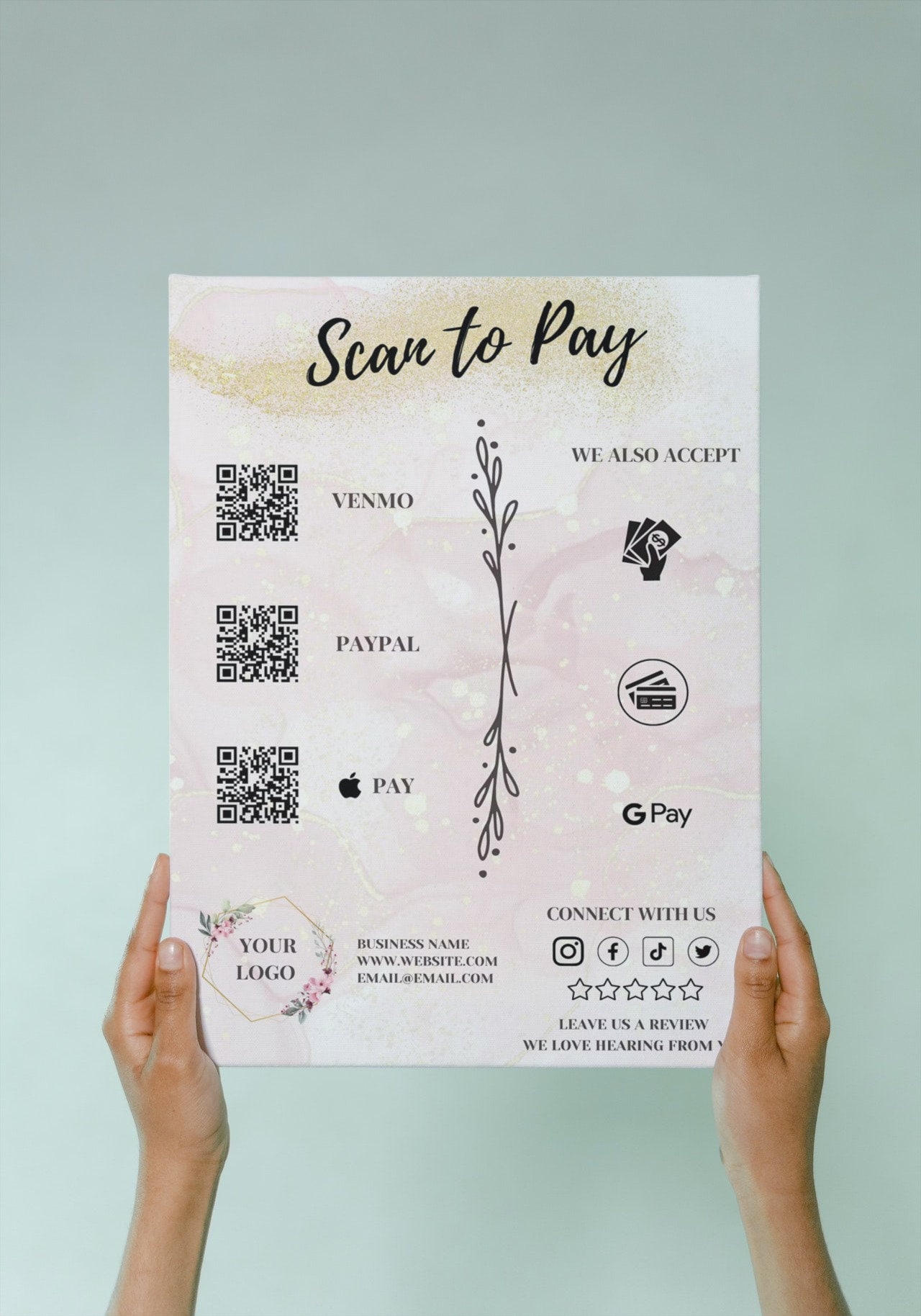 Pink Marble & Gold Editable Scan to Pay Card, Editable Canva Template ...