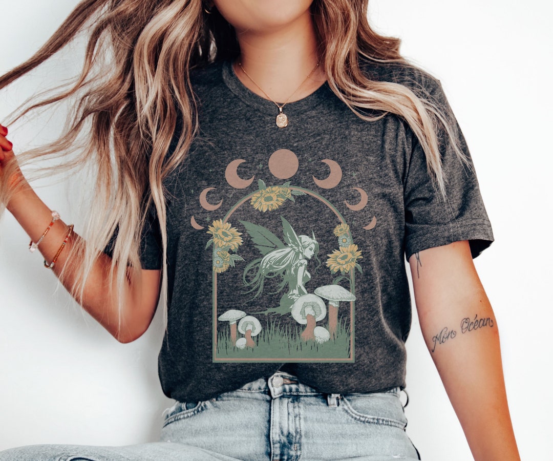 Fairycore V-neck Shirt: Moon, Mushrooms, Celestial Design - Etsy