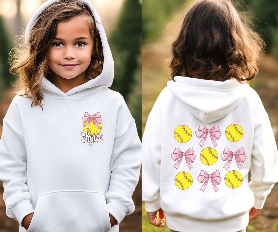 Custom Pink Bow Softball Youth Hoodie, Cute Ribbon Softball Youth ...
