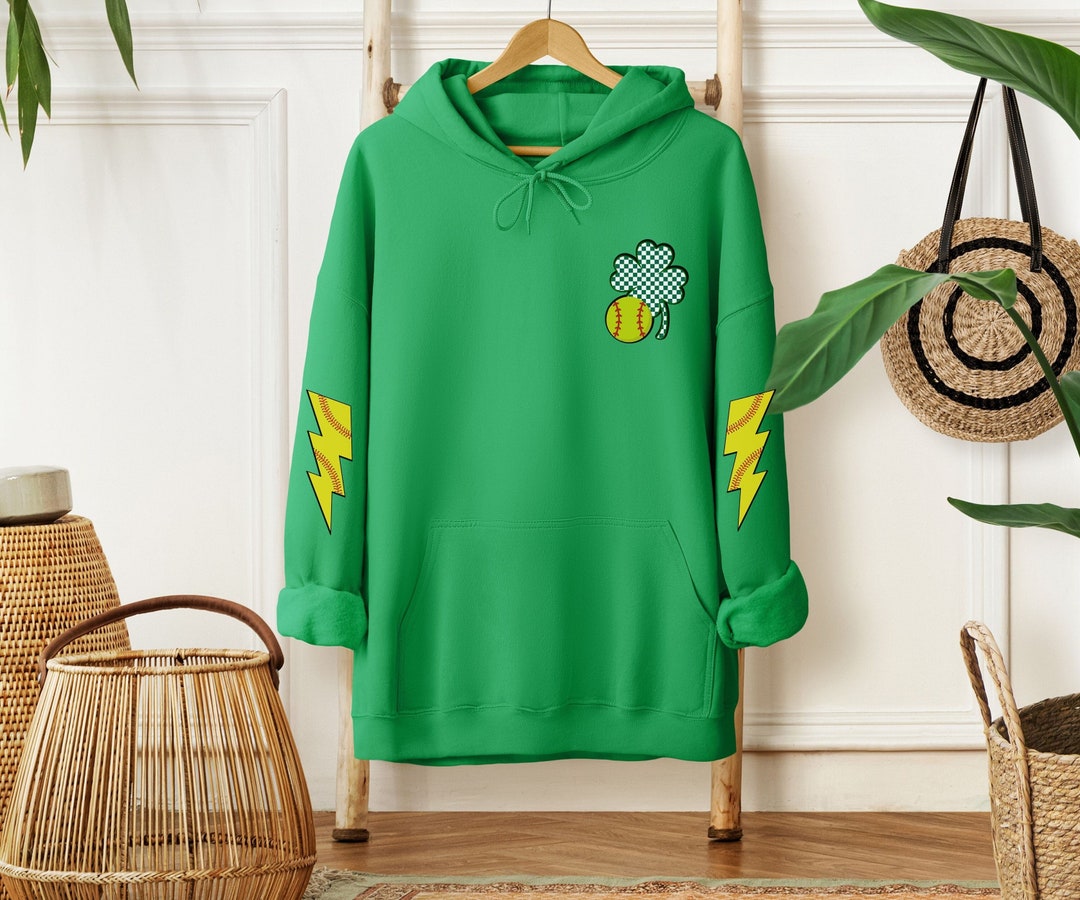 Retro Lighting Bolt Softball Shamrock Hoodie, Softball Mom Dad St ...