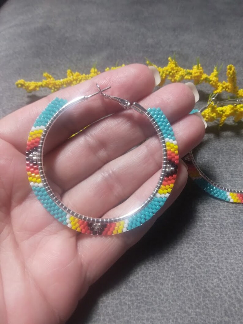 Turquoise Native American Beaded Hoop Earrings With Fire Colors