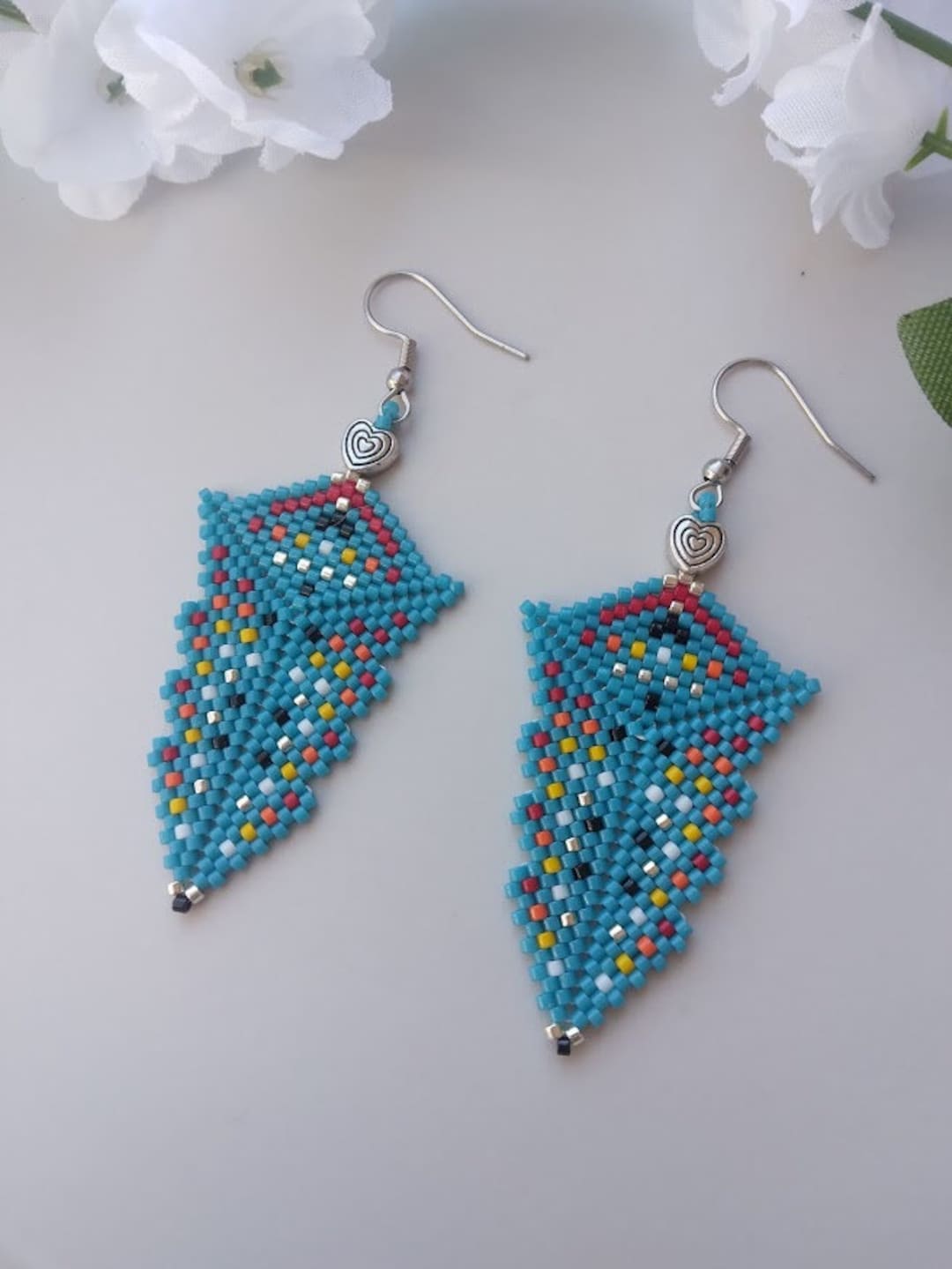 Beaded Peyote Feather Earrings, Handmade Native American Beaded ...