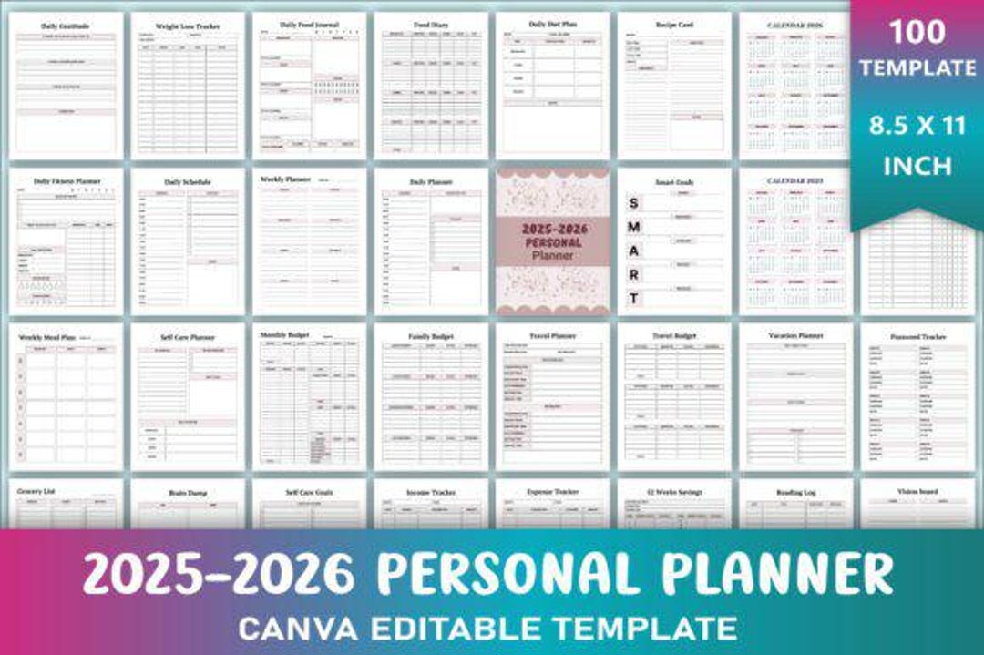 2025-2026 Personal Planner Printable , CANVA EDITABLE TEMPLATE, 100 ...