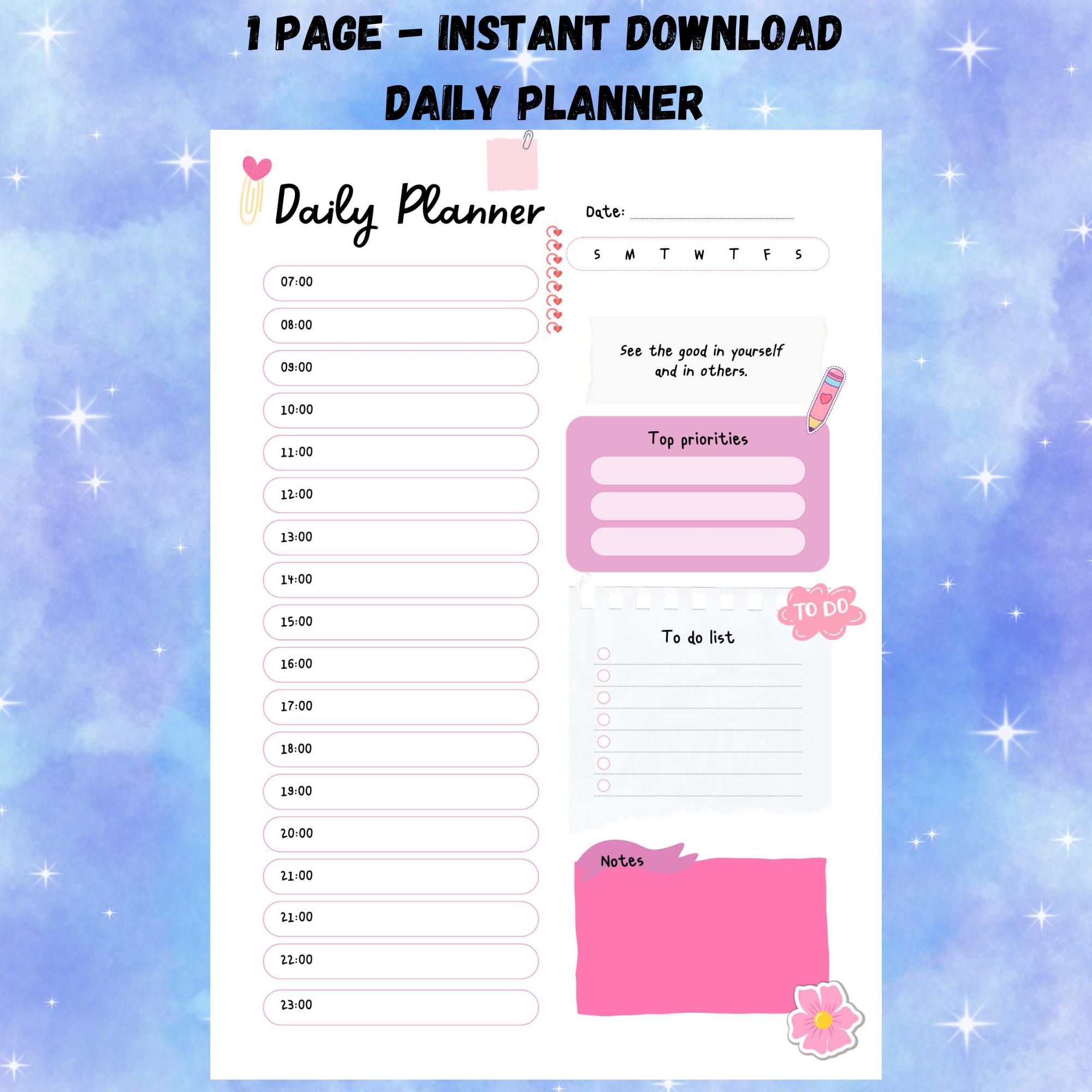 Daily Planner Printable,cute Pink White Digital Daily Planner, Hourly ...