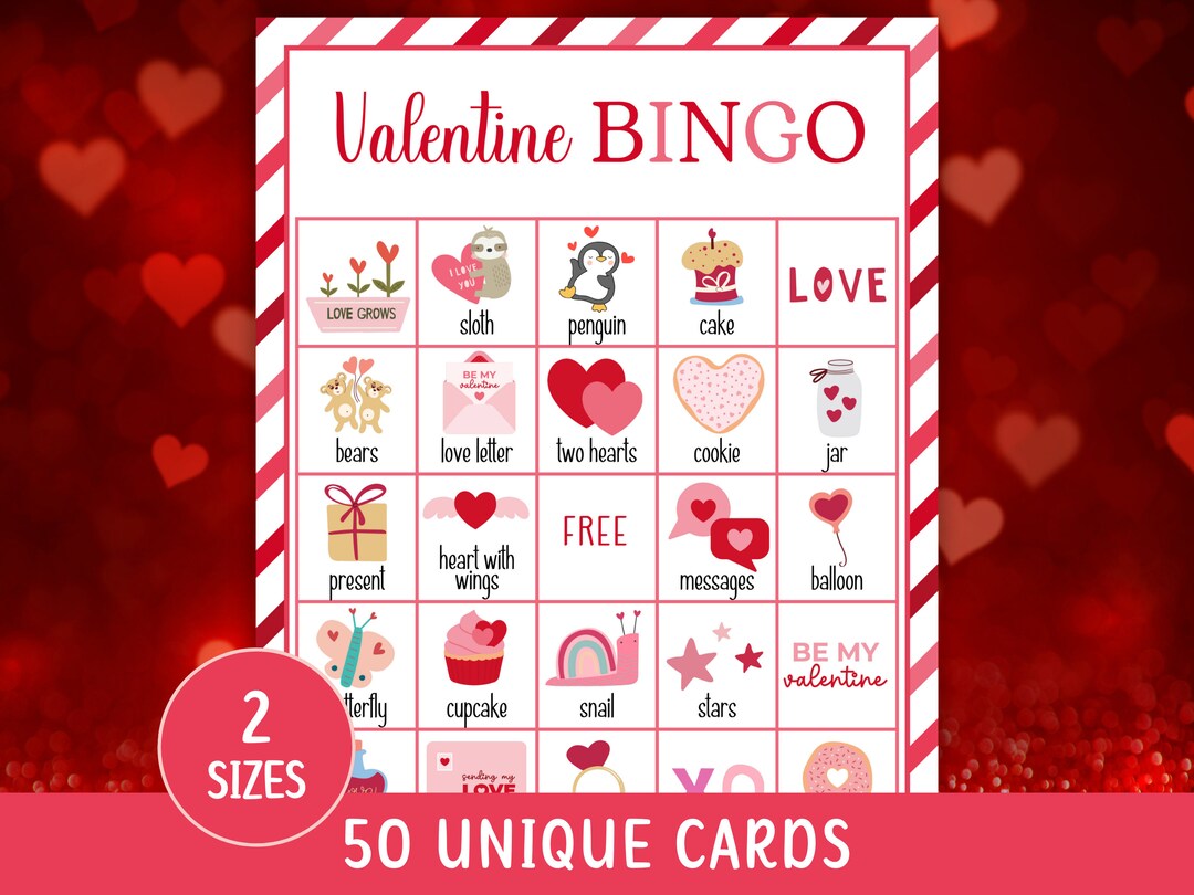 Valentine Bingo, Valentine Bingo Printable, Valentine Bingo Card, 50 ...