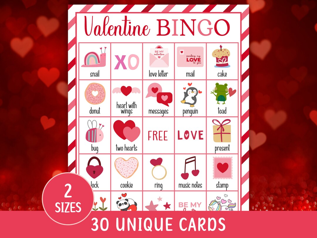 Valentine Bingo, Valentine Bingo Printable, Valentine Bingo Card, 30 ...