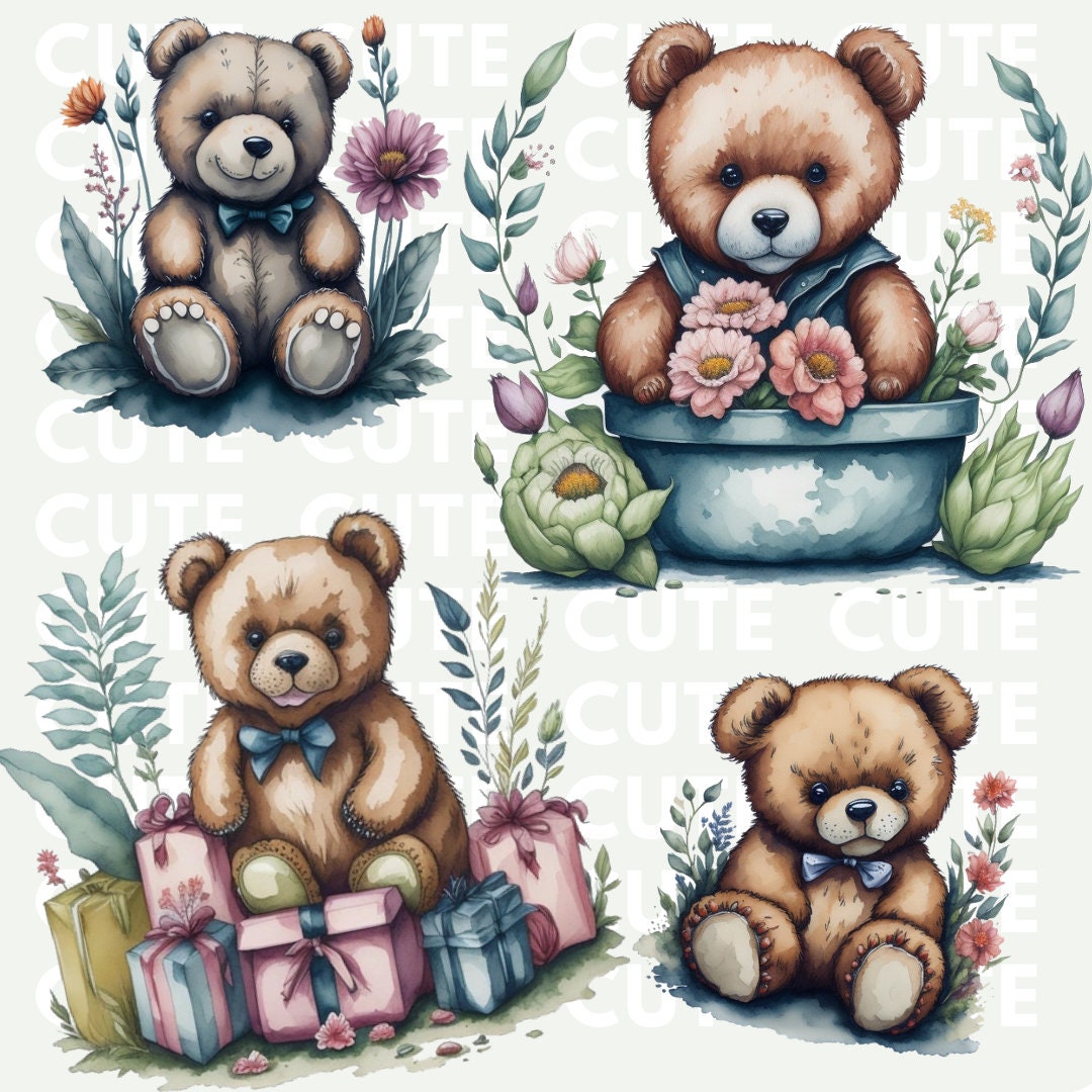 Watercolor Teddy Bear Clipart Teddy Bear Cute Clip Art Card - Etsy