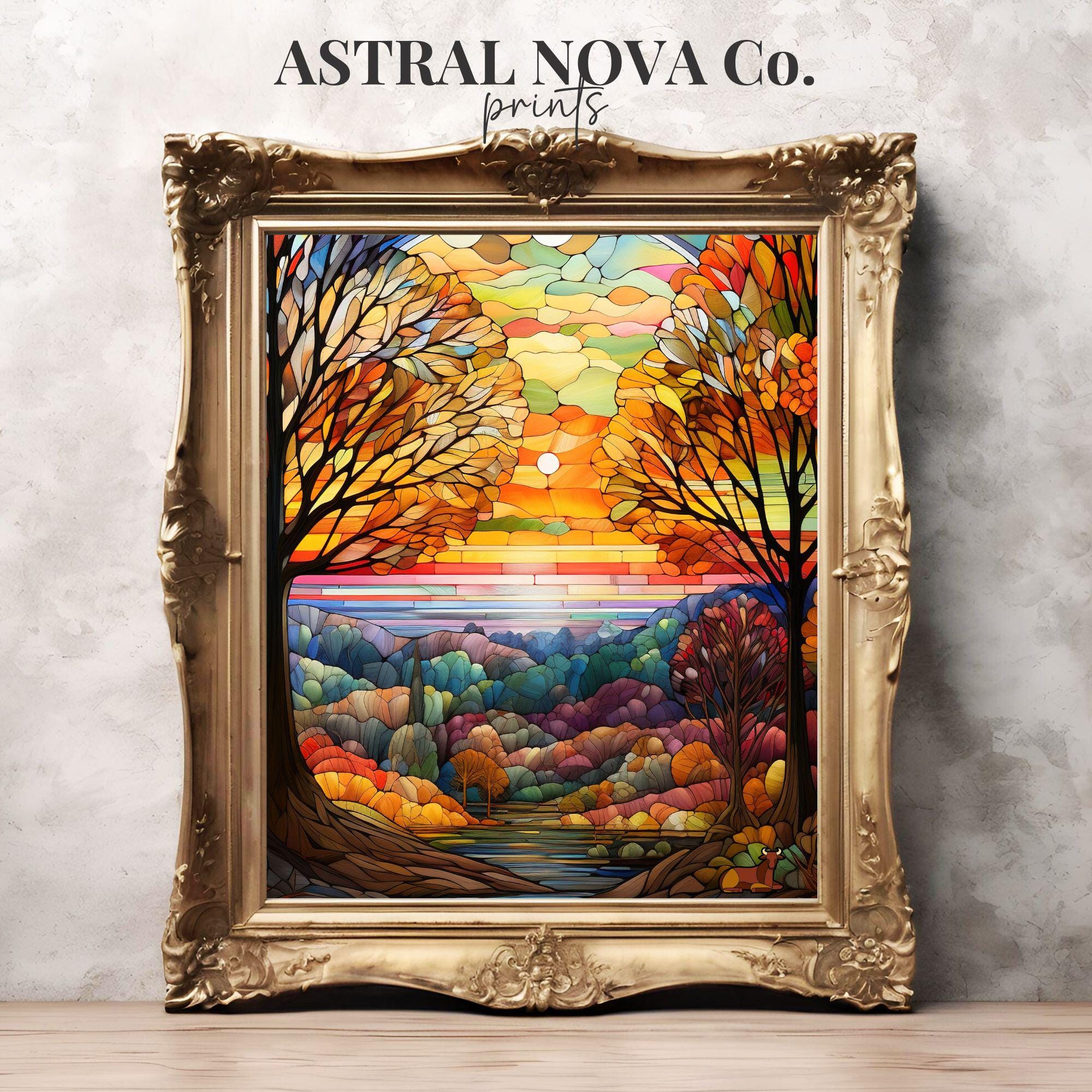 Stained Glass Sunset Scenery Printable Prints Fall Wall Art - Triptych ...