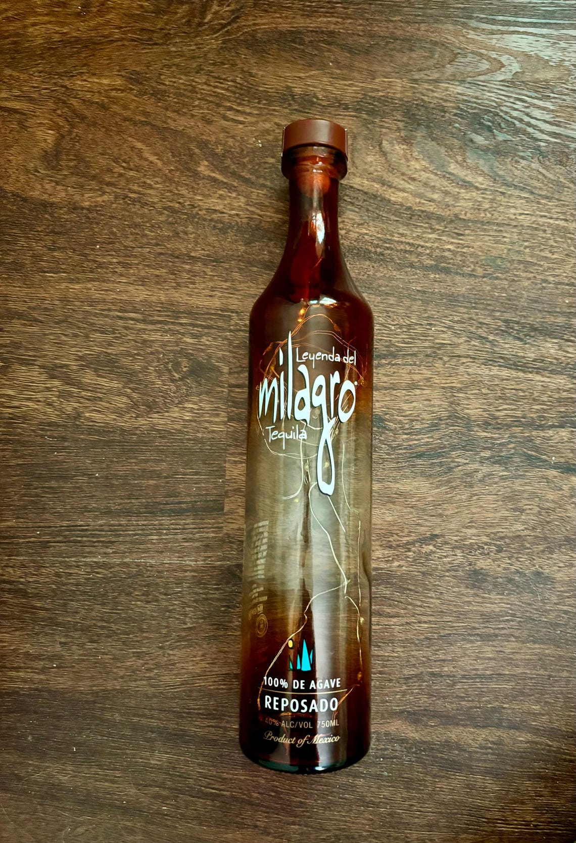 UPCYCLED 750 Ml Milagro Tequila Bottle With Mini LED Lights! Gorgeous Brown Ombré Colors! Let It ...