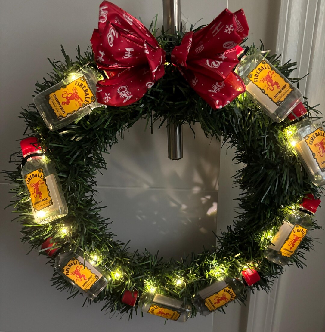 WREATH With UPCYCLED Mini Fireball Bottles and Mini LED Lights! Spread ...