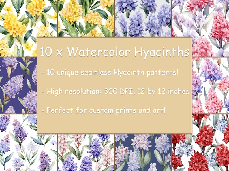 Watercolor Hyacinths, Hyacinth, 10 Seamless Patterns, Hyacinth Clipart ...