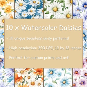 Watercolor Daisies, 10 Seamless Patterns, Daisies, Daisy Clipart ...