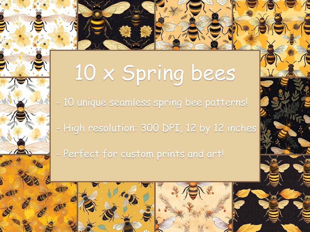 Spring Bees, 10 Seamless Patterns, Bee Clipart, Bees, Honeybee ...